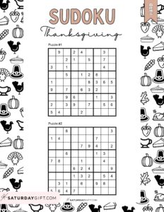 Thanksgiving Sudoku Puzzles - Cute & Free Printables | SaturdayGift