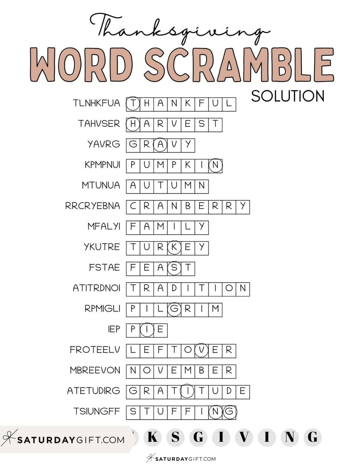 Thanksgiving Word Scramble - Cute & Free Printable | SaturdayGift