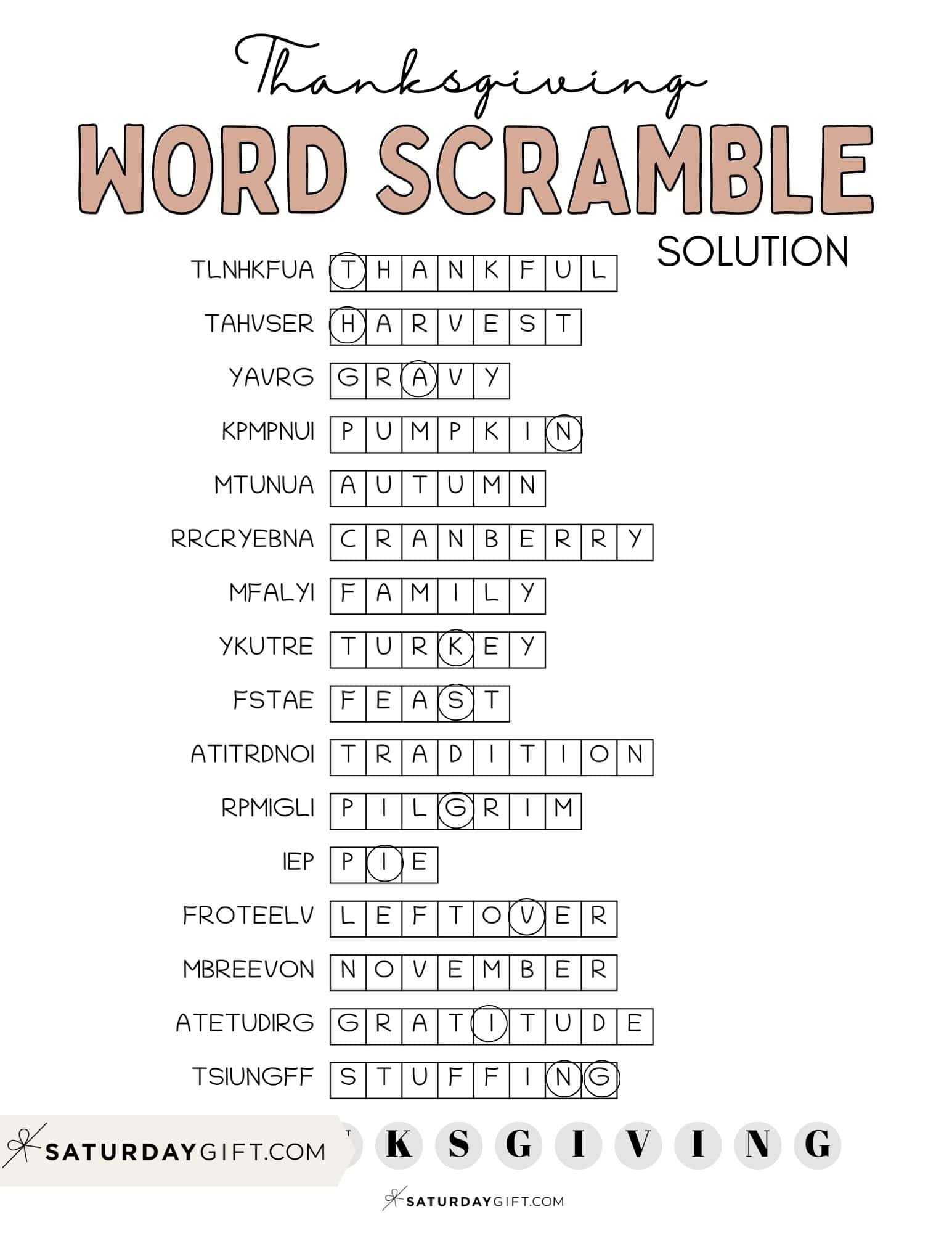 Thanksgiving Word Scramble - Cute & Free Printable | SaturdayGift