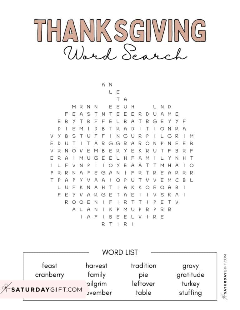 Thanksgiving Word Search - Cute & Free Printables | SaturdayGift