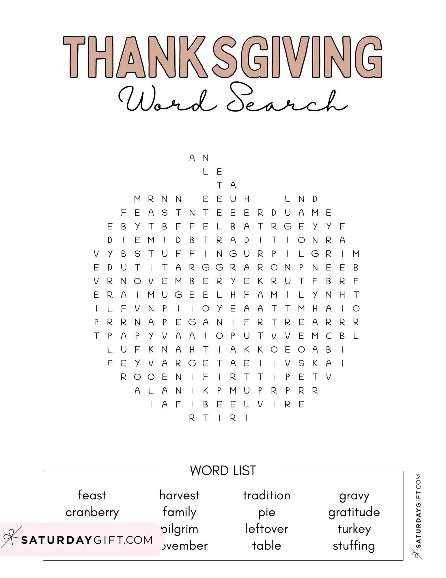 Thanksgiving Word Search - Cute & Free Printables | SaturdayGift