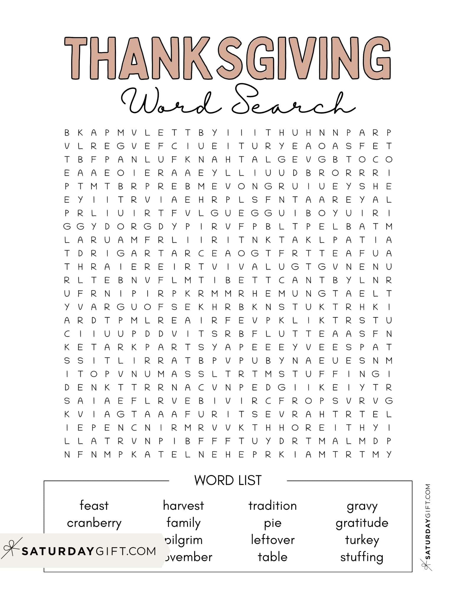Thanksgiving Word Search - Cute & Free Printables | SaturdayGift