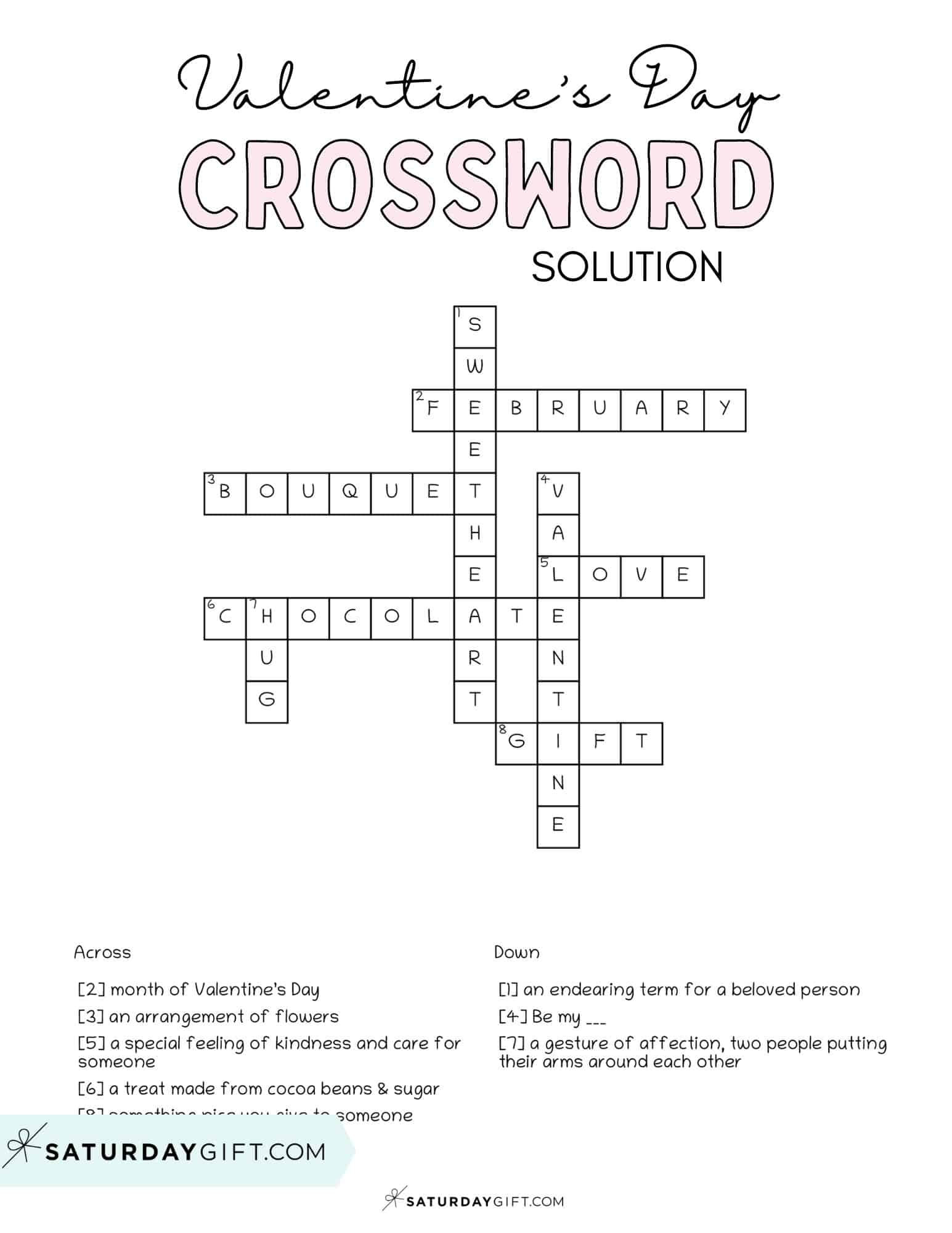 Valentine's Day Crossword Puzzle - Cute & Free Printable | SaturdayGift