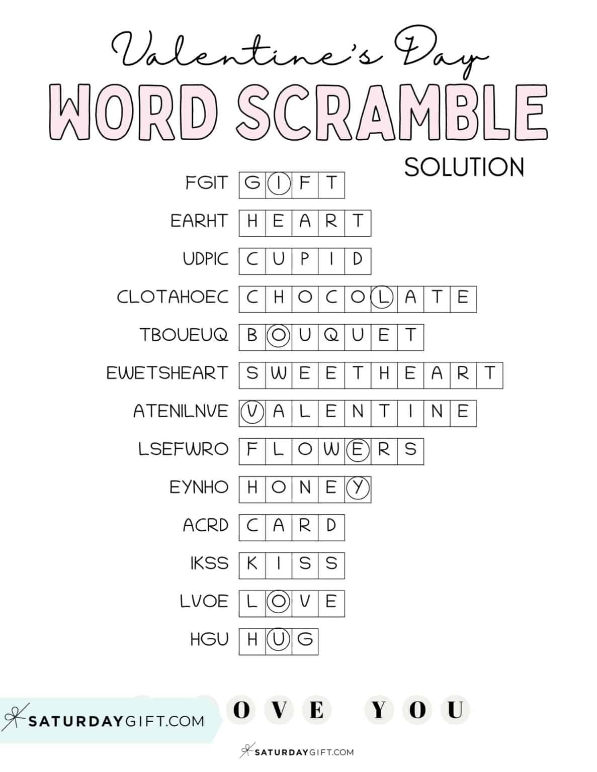 Valentine's Day Word Scramble - Cute & Free Printable | SaturdayGift