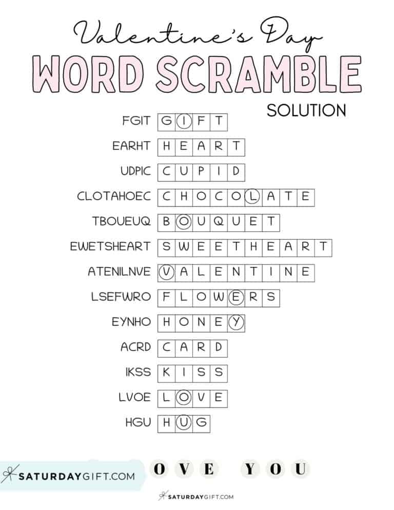 Valentine's Day Word Scramble - Cute & Free Printable | SaturdayGift