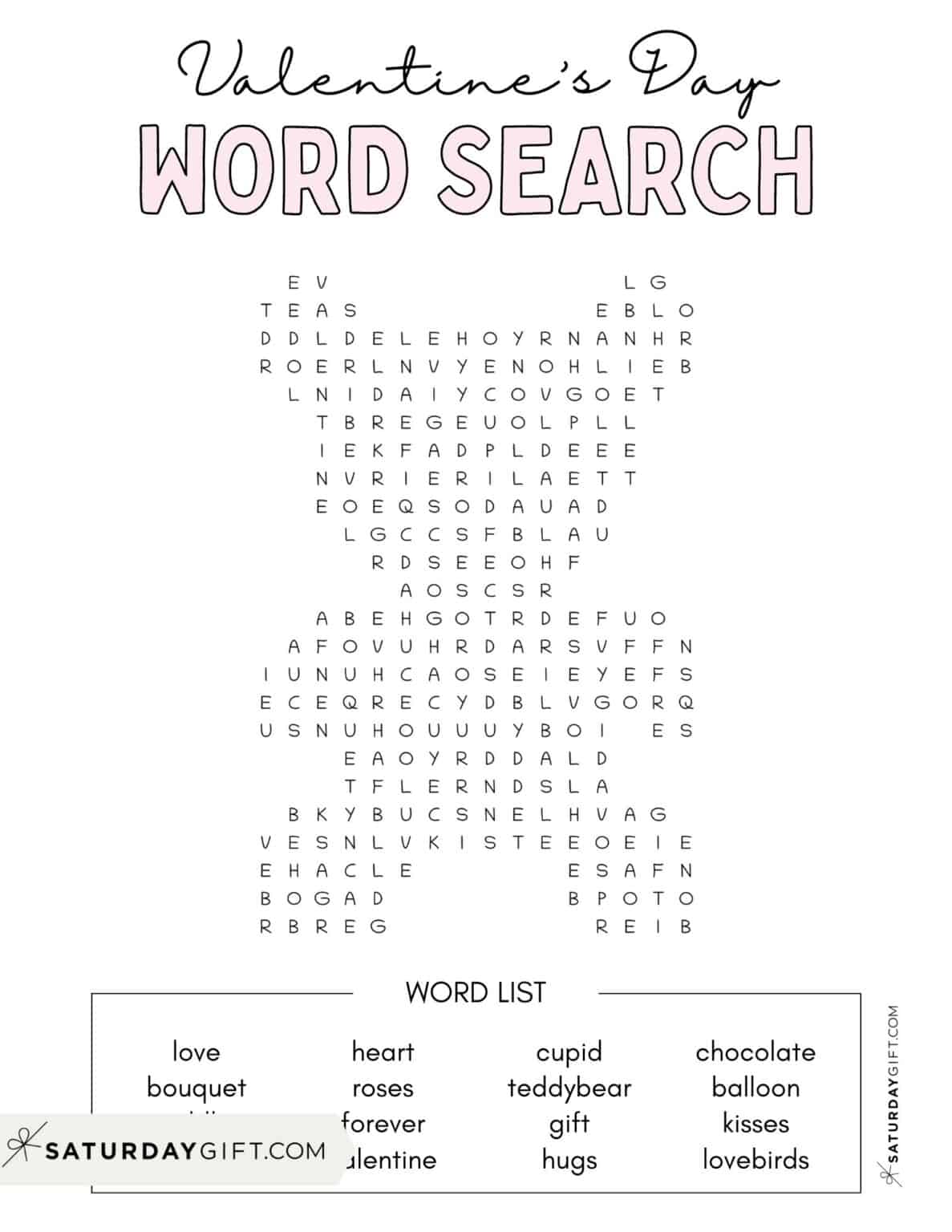 Valentine's Day Word Search - Cute & Free Printables | SaturdayGift