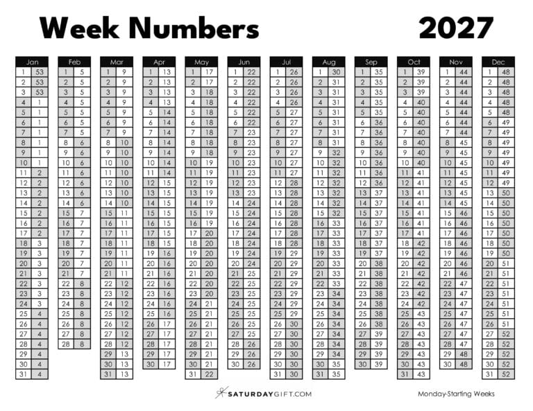 Week numbers for 2027 - What week is it? | SaturdayGift