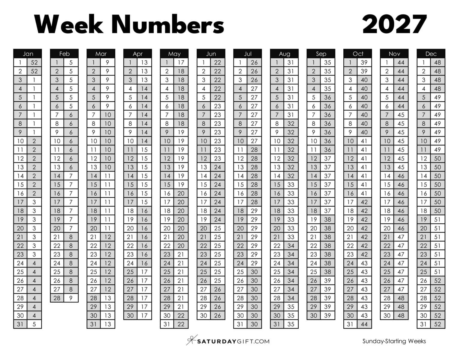 Week numbers for 2027 - What week is it? | SaturdayGift