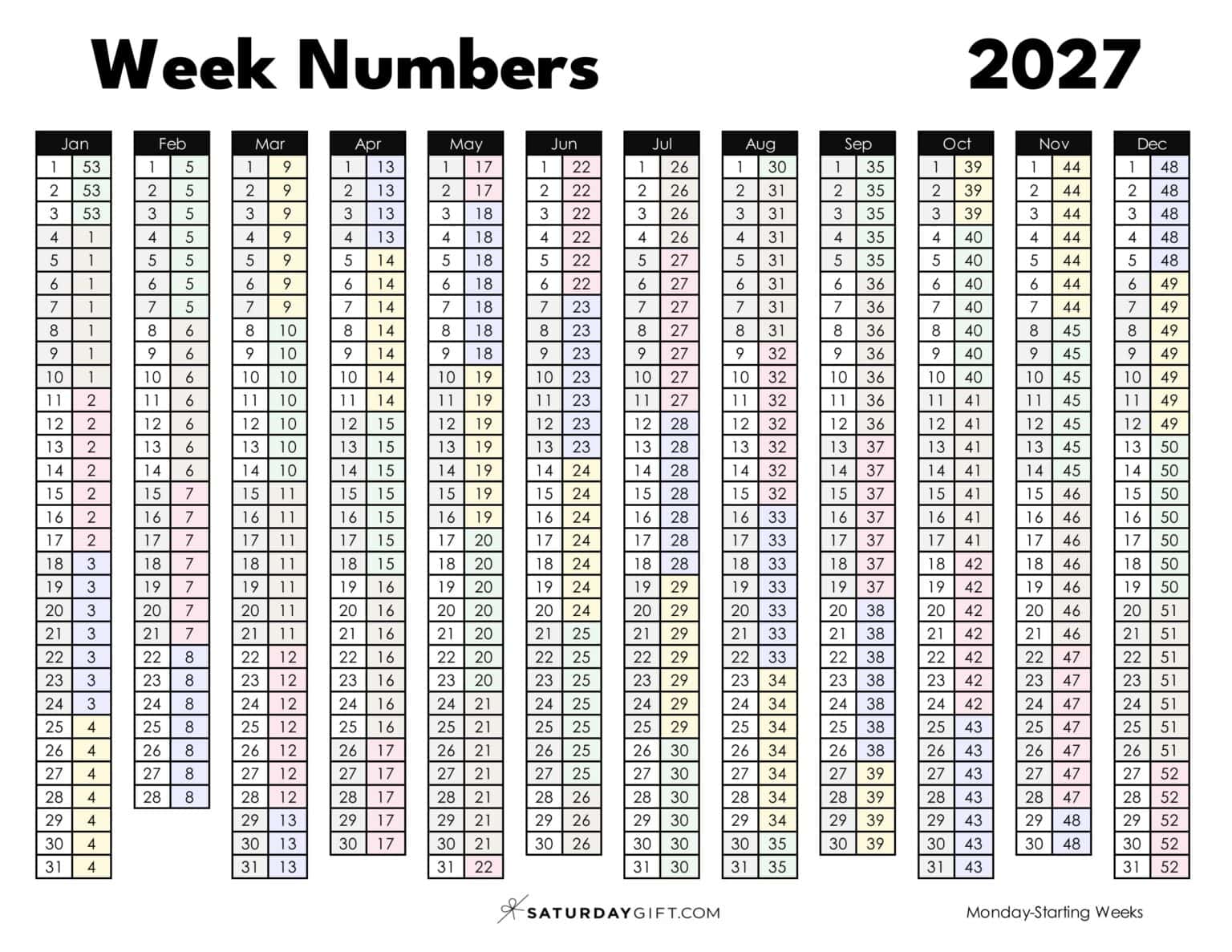 Week numbers for 2027 - What week is it? | SaturdayGift