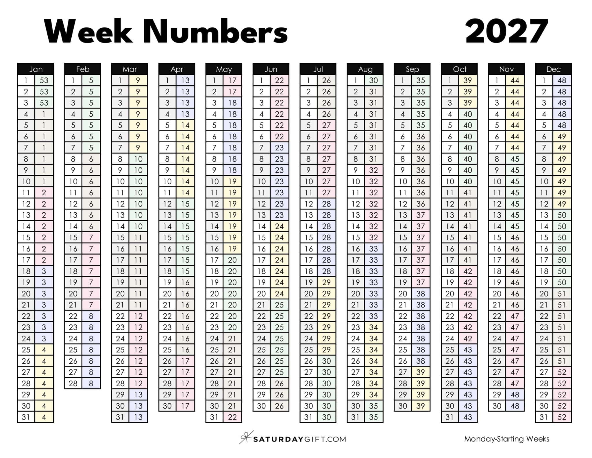 Week numbers for 2027 - What week is it? | SaturdayGift