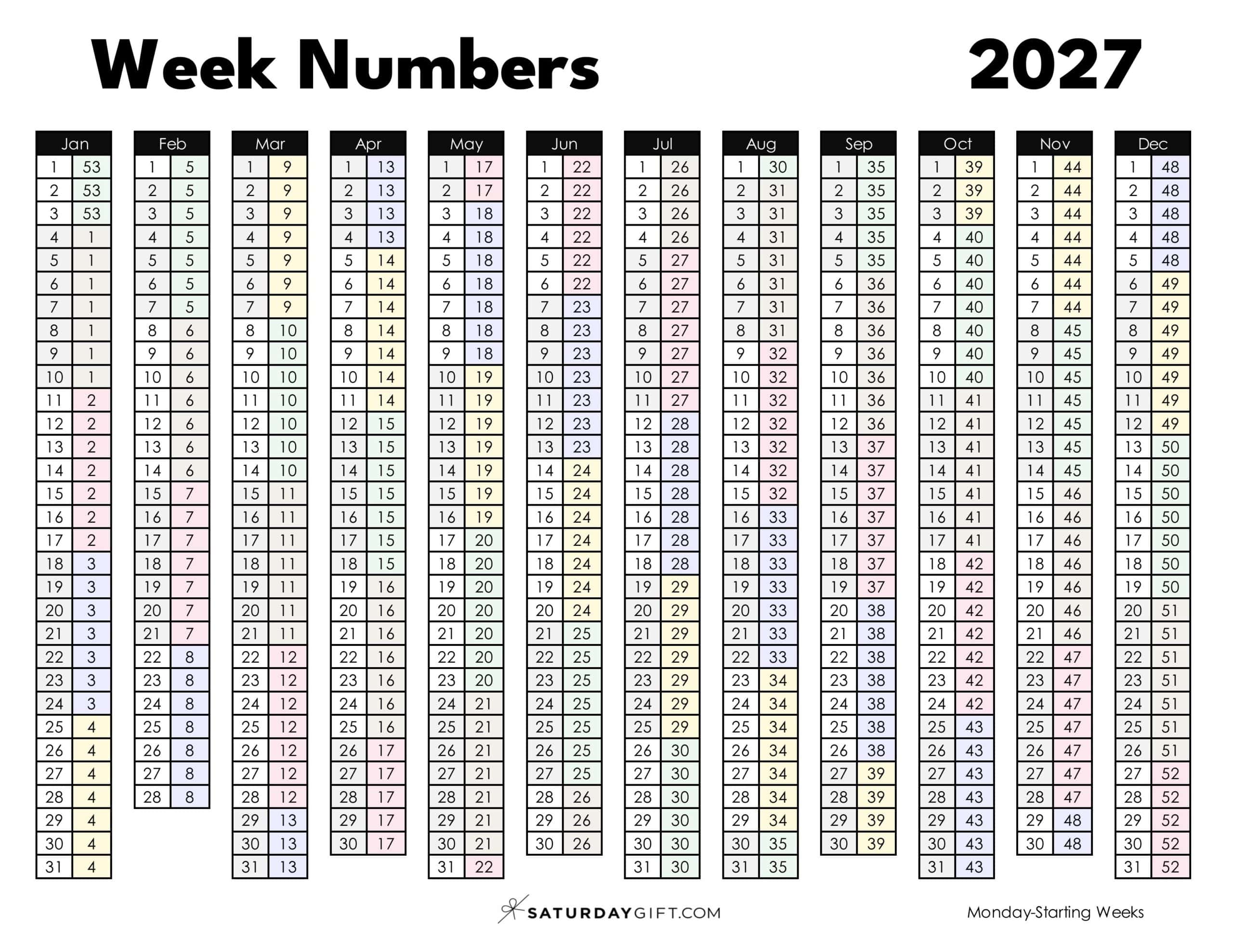 Week numbers for 2027 - What week is it? | SaturdayGift